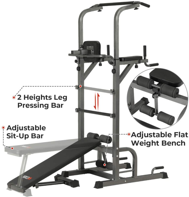 Kicode Power Tower with Bench, Pull Up Bar Dip Station, Height...