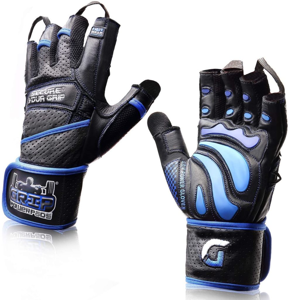Elite Leather Gym Gloves With Built In 2 Wide Wrist Wraps Grip